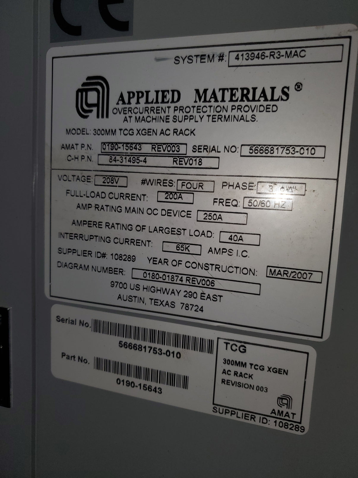 AMAT Applied Materials 300MM TCG XGEN AC RACK – jamesriversemiconductor