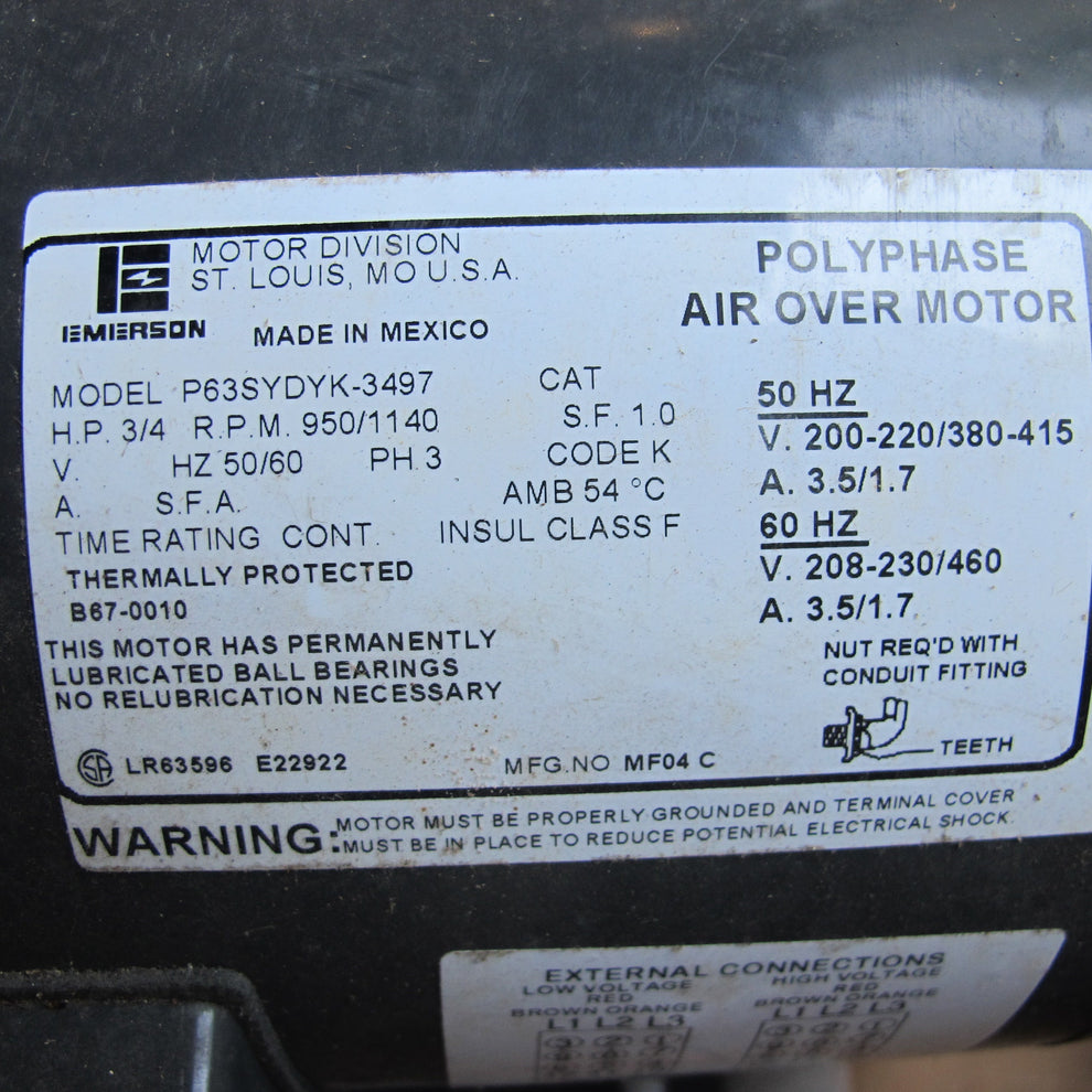 EMERSON P63SYDYK-3497 POLYPHASE AIR OVER MOTOR 3/4 HP 950/1140 RPM ...